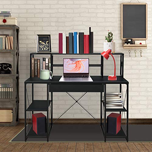 HomVent Computer Desk with Drawer Shelves, Home Office Writing Desk with Storage Bookshelf Workstation Study Table Corner Desk PC Laptop Desk (Black)