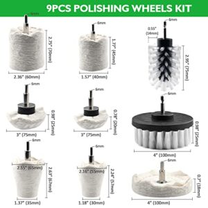 Chrome Polish Buffing Wheels for Drill, Chrome Wheel Polishing Kit Include Cloth Polish Pads and Wheel Buffer Brush with 1/4'' Shaft for Aluminum Car Motorcycle Wheel Rim Manifold Polishing, 9PCS