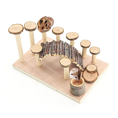 Hamster Playground Wooden, Small Animal Activity Toys Set – Climbing Ladder Bendy Bridge Food Bowl Stand Platform Chew Toy for Syrian Hamster Mouse Gerbil Chinchilla Rat