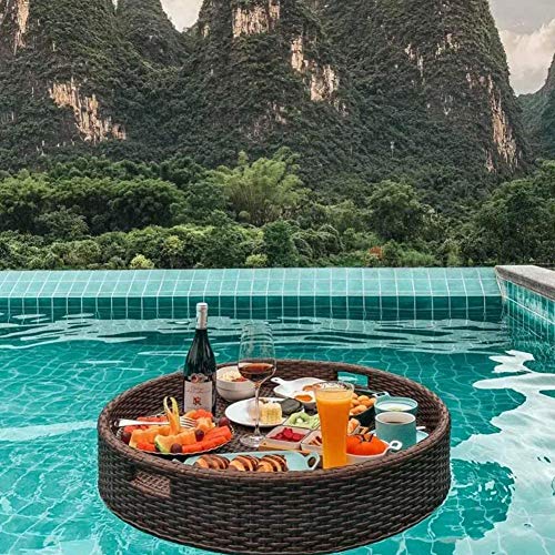 Round Rattan Woven Serving Tray Rattan Floating Breakfast Tray with Handles, Swimming Pool Floats, for Adults for Sandbars Spas Bath and Parties Wedding Photography Photo Shoot