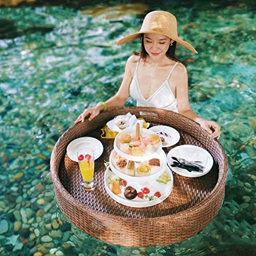 Round Rattan Woven Serving Tray Rattan Floating Breakfast Tray with Handles, Swimming Pool Floats, for Adults for Sandbars Spas Bath and Parties Wedding Photography Photo Shoot