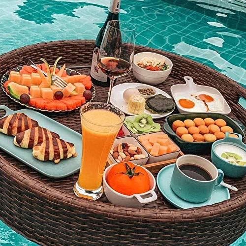 Round Rattan Woven Serving Tray Rattan Floating Breakfast Tray with Handles, Swimming Pool Floats, for Adults for Sandbars Spas Bath and Parties Wedding Photography Photo Shoot