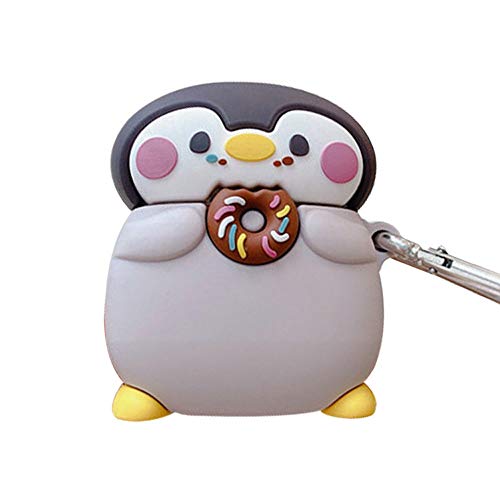 UR Sunshine AirPods 1/2 Case, Cute Standing Grey Penguin Holding Donut in Hand Shape AirPods Cover Case, Soft Silicone Gel Kawaii Puppy Charging Earphone Case for AirPods 1/2 +Hook