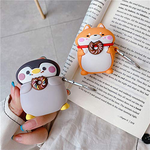 UR Sunshine AirPods 1/2 Case, Cute Standing Grey Penguin Holding Donut in Hand Shape AirPods Cover Case, Soft Silicone Gel Kawaii Puppy Charging Earphone Case for AirPods 1/2 +Hook