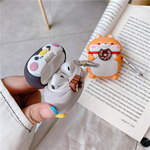 UR Sunshine AirPods 1/2 Case, Cute Standing Grey Penguin Holding Donut in Hand Shape AirPods Cover Case, Soft Silicone Gel Kawaii Puppy Charging Earphone Case for AirPods 1/2 +Hook