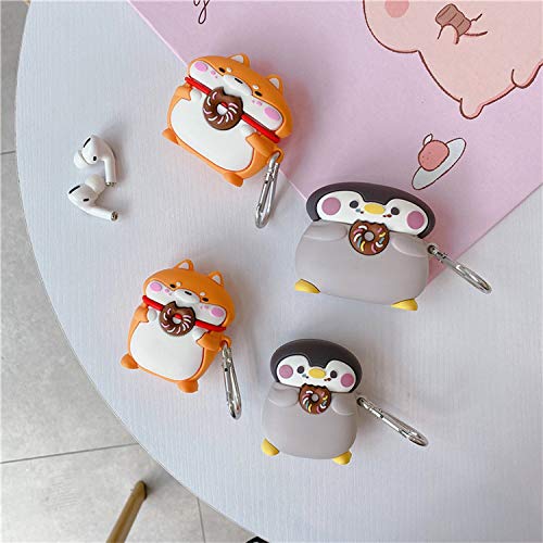 UR Sunshine AirPods 1/2 Case, Cute Standing Grey Penguin Holding Donut in Hand Shape AirPods Cover Case, Soft Silicone Gel Kawaii Puppy Charging Earphone Case for AirPods 1/2 +Hook