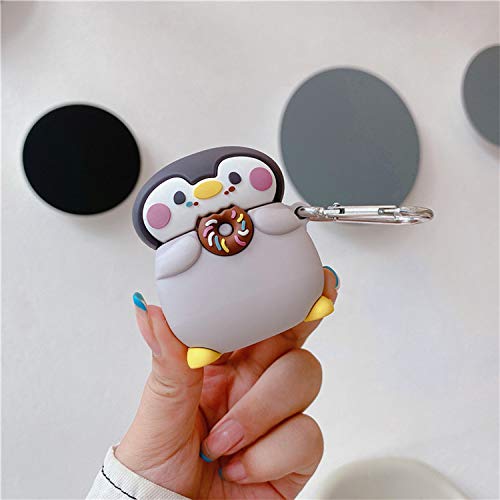 UR Sunshine AirPods 1/2 Case, Cute Standing Grey Penguin Holding Donut in Hand Shape AirPods Cover Case, Soft Silicone Gel Kawaii Puppy Charging Earphone Case for AirPods 1/2 +Hook