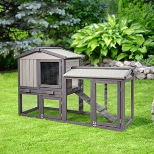 Tangkula Rabbit Hutch Indoor and Outdoor, 58-Inch Bunny Cage with Removable Tray & Ramp, Wood Chicken Coop with Waterproof Roof for Rabbits, Chicken and Guinea Pigs (Gray)