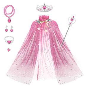 fedio princess cape set 7 pieces girls princess cloak with tiara crown, wand for little girls dress up (pink)