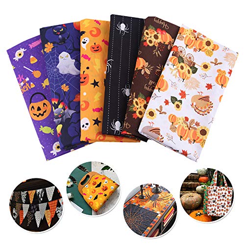 Souarts 6pcs Halloween Fabric Squares, 20x20inch/50x50cm Cotton Fabric Bundle, Halloween Material Fabric Sewing Quilting Patchwork Fabric, DIY Craft Halloween Ghost Floral Pattern Pumpkin Fabric