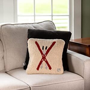 Chandler 4 Corners Artist-Designed Crossed Skis Hand-Hooked Wool Decorative Christmas Throw Pillow (14” x 14”)