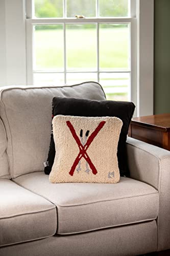 Chandler 4 Corners Artist-Designed Crossed Skis Hand-Hooked Wool Decorative Christmas Throw Pillow (14” x 14”)