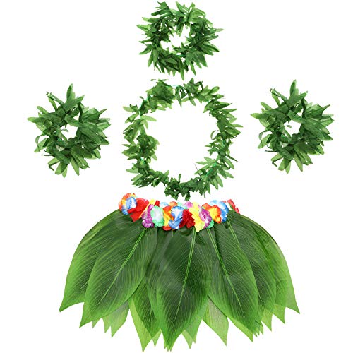 5 Pieces Tropical Fern Leaf Lei Party Accessory Artificial Leaves Garland Necklace Headband Wristband Skirt for Hawaiian Costumes Halloween Luau Party Supplies