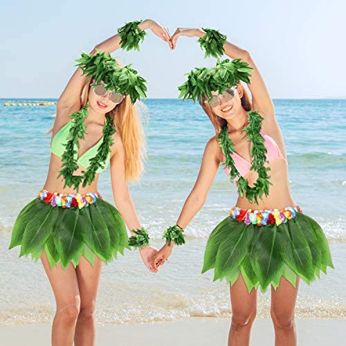 5 Pieces Tropical Fern Leaf Lei Party Accessory Artificial Leaves Garland Necklace Headband Wristband Skirt for Hawaiian Costumes Halloween Luau Party Supplies