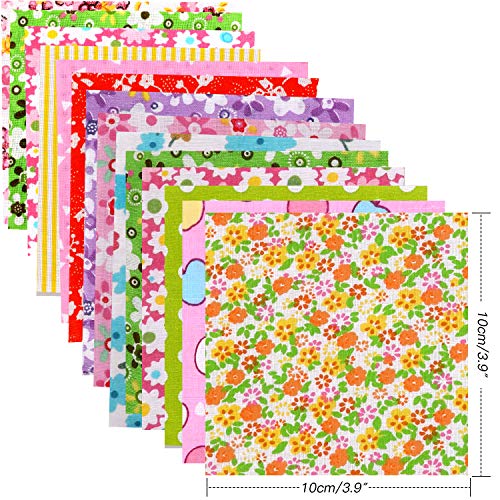 Konsait 100pcs Floral Cotton Fabric Patchwork, 4" x 4" (10cm x 10cm) Quilting Sewing Craft Fabric Bundles, Fat Squares Patchwork for DIY Sewing Decorative Fabric for Upholstery and Home Accents