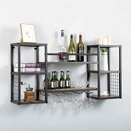 Industrial Hanging Wine Rack Wall Mounted with 5 Stem Glass Holder,47.2in Rustic Wine Glass Rack Wall Mount,Wine Glass Shelf Metal Floating Bar Shelves,Wall Shelf Wine Bottle Holder Wood Shelves