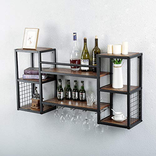 Industrial Hanging Wine Rack Wall Mounted with 5 Stem Glass Holder,47.2in Rustic Wine Glass Rack Wall Mount,Wine Glass Shelf Metal Floating Bar Shelves,Wall Shelf Wine Bottle Holder Wood Shelves