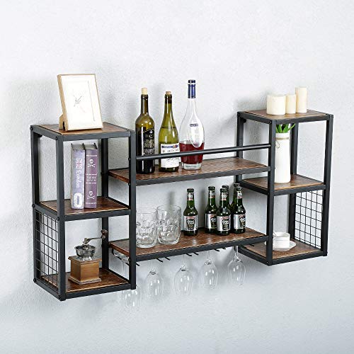 Industrial Hanging Wine Rack Wall Mounted with 5 Stem Glass Holder,47.2in Rustic Wine Glass Rack Wall Mount,Wine Glass Shelf Metal Floating Bar Shelves,Wall Shelf Wine Bottle Holder Wood Shelves