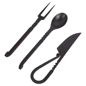 viking traders hand-forged blacksmith medieval dining hall eating/feasting utensils set of 3 piece functional fork knife and spoon medieval eating set, with genuine leather pouch for easy carrying.