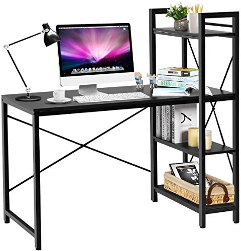 HAPPYGRILL Computer Desk with 4-Tier Bookshelves Writing Study Table Workstation with Tower Storage Shelves for Home Office