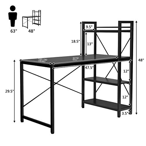 HAPPYGRILL Computer Desk with 4-Tier Bookshelves Writing Study Table Workstation with Tower Storage Shelves for Home Office