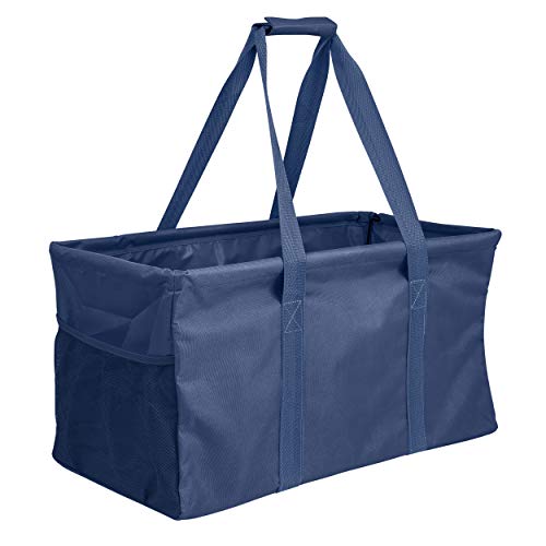 Lucazzi Extra Large Utility Tote Bag - Oversized Collapsible Reusable Wire Frame Rectangular Canvas Basket With Two Exterior Pockets For Beach, Pool, Laundry, Car Trunk, Storage - Navy Blue