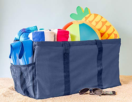 Lucazzi Extra Large Utility Tote Bag - Oversized Collapsible Reusable Wire Frame Rectangular Canvas Basket With Two Exterior Pockets For Beach, Pool, Laundry, Car Trunk, Storage - Navy Blue