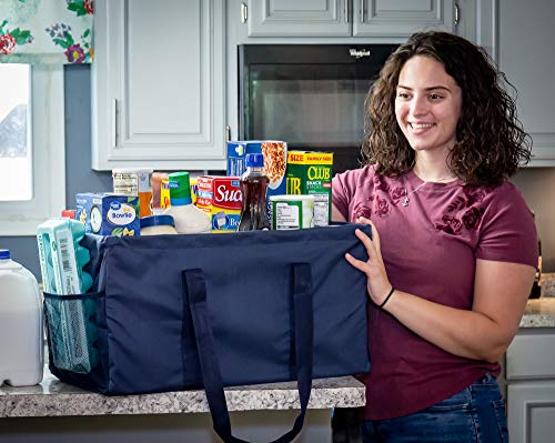 Lucazzi Extra Large Utility Tote Bag - Oversized Collapsible Reusable Wire Frame Rectangular Canvas Basket With Two Exterior Pockets For Beach, Pool, Laundry, Car Trunk, Storage - Navy Blue