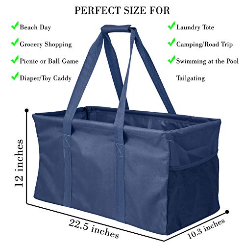 Lucazzi Extra Large Utility Tote Bag - Oversized Collapsible Reusable Wire Frame Rectangular Canvas Basket With Two Exterior Pockets For Beach, Pool, Laundry, Car Trunk, Storage - Navy Blue