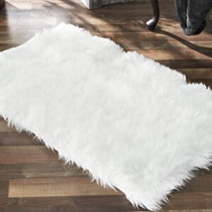 Silky Soft Faux Fur Rug, 2 ft. x 3 ft. White Fluffy Rug, Sheepskin Area Rug, Rectangle Rug for Living Room, Bedroom, Kid's Room, or Nursery, Home Décor Accent, Machine Washable with Non-Slip Backing