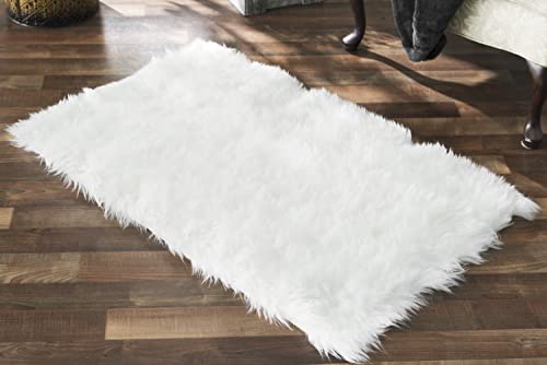 Silky Soft Faux Fur Rug, 2 ft. x 3 ft. White Fluffy Rug, Sheepskin Area Rug, Rectangle Rug for Living Room, Bedroom, Kid's Room, or Nursery, Home Décor Accent, Machine Washable with Non-Slip Backing