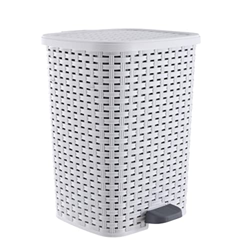 Superio 6.8 Gallon Wicker Step On Trash Can with Foot Pedal – Outdoor and Indoor Trash Can, Waste Basket for Bathroom, Kitchen, Office, Patio, or Backyard – White Smoke