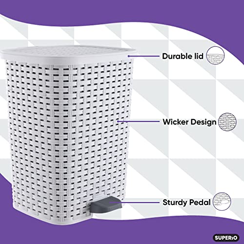 Superio 6.8 Gallon Wicker Step On Trash Can with Foot Pedal – Outdoor and Indoor Trash Can, Waste Basket for Bathroom, Kitchen, Office, Patio, or Backyard – White Smoke