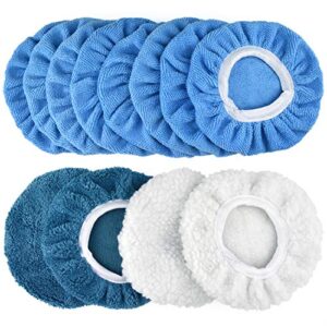 poliwell 12pack polishing bonnet pads 5-6 inch buffer pad cover- 8pcs microfiber buffing bonnets, 2pcs woollen waxing pads, 2pcs soft coral fleece pads for car polisher