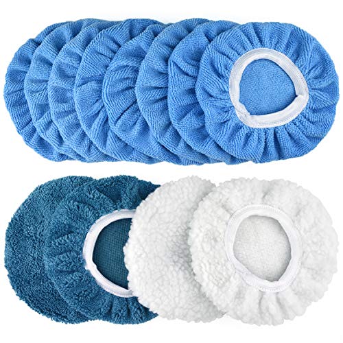 POLIWELL 12Pack Polishing Bonnet Pads 5-6 Inch Buffer Pad Cover- 8pcs Microfiber Buffing Bonnets, 2pcs Woollen Waxing Pads, 2pcs Soft Coral Fleece Pads for Car Polisher