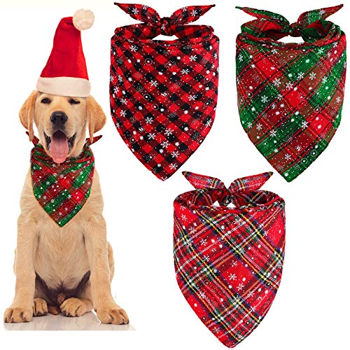 URATOT 3 Pieces Christmas Pet Bandanas Triangle Dog Bibs Kerchief Buffalo Plaid Snowflake Bandanas for Dogs Cats Pets