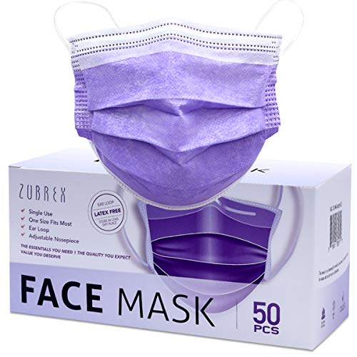 ZUBREX 50 Pcs Disposable 3 Ply Safety Face Mask for Protection with Nanofiber Filter Lining - and Elastic Earloops (Purple)