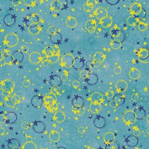 stitch & sparkle twinkle little moon circle stars on blue, 100% cotton fabric, 44" wide, cut by the yard