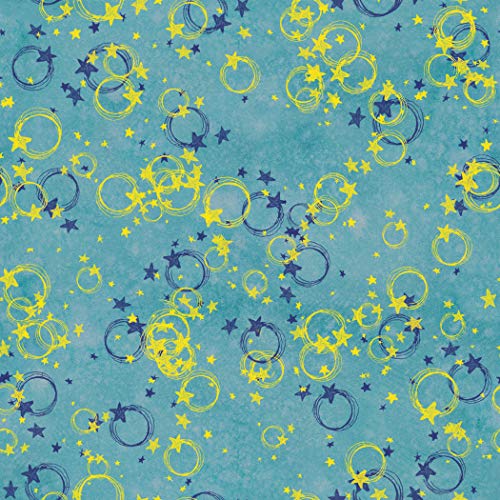 Stitch & Sparkle Twinkle Little Moon Circle Stars on Blue, 100% Cotton Fabric, 44" Wide, Cut by The Yard