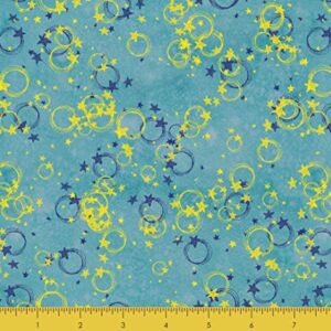 Stitch & Sparkle Twinkle Little Moon Circle Stars on Blue, 100% Cotton Fabric, 44" Wide, Cut by The Yard