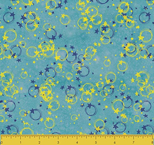 Stitch & Sparkle Twinkle Little Moon Circle Stars on Blue, 100% Cotton Fabric, 44" Wide, Cut by The Yard