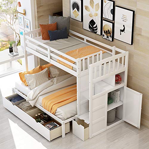 SOFTSEA Twin Over Full Bunk Beds with Drawers for Kids, Twin Over Twin Bunk Bed with Storage Staircase and Convertible Bottom Bed for Bedroom(White)