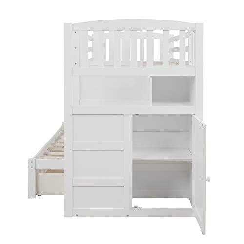 SOFTSEA Twin Over Full Bunk Beds with Drawers for Kids, Twin Over Twin Bunk Bed with Storage Staircase and Convertible Bottom Bed for Bedroom(White)