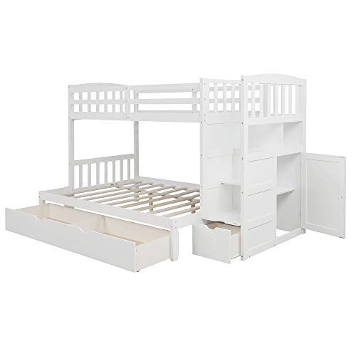 SOFTSEA Twin Over Full Bunk Beds with Drawers for Kids, Twin Over Twin Bunk Bed with Storage Staircase and Convertible Bottom Bed for Bedroom(White)