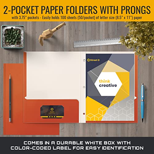 Orange Paper 2 Pocket Folders with Prongs, 50 Pack, by Better Office Products, Matte Texture, Letter Size Paper Folders, 50 Pack, with 3 Metal Prong Fastener Clips, Orange