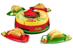 taco tuesday heated lazy susan taco bar serving set for a party with 4 tortilla holders, fondue pot for burritos, nachos, and fajitas - 20 oz. - red