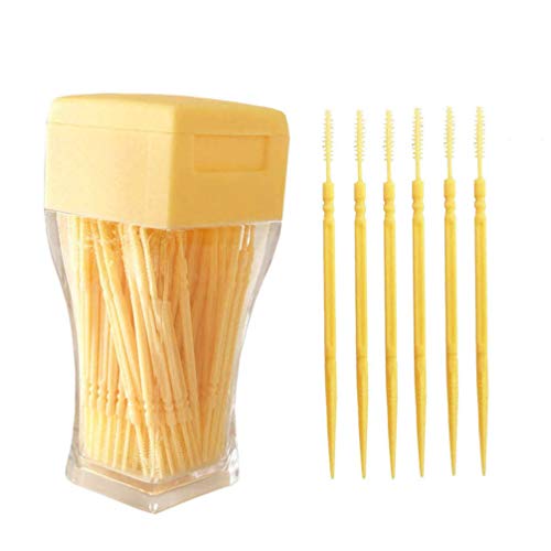 200pcs Double-Head Toothpicks Soft Plastic Oral Care Interdental Floss Cleaners toothpicks,Braces Brush (Light Yellow)