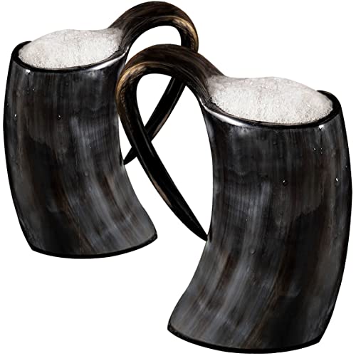 Mythrojan Black Viking Horn Ale Mug, Medieval Knight Renaissance Mead Ale Larp Cosplay Horn Tankard Set of 2