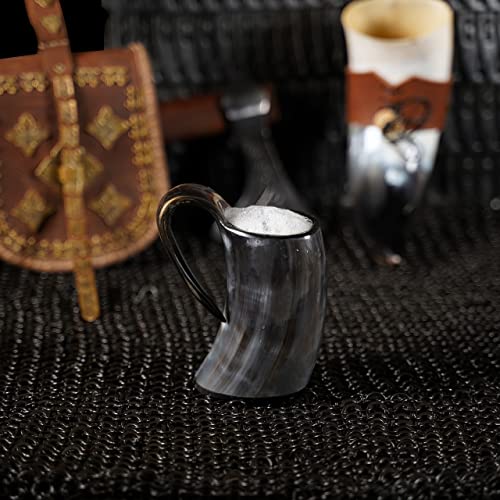 Mythrojan Black Viking Horn Ale Mug, Medieval Knight Renaissance Mead Ale Larp Cosplay Horn Tankard Set of 2