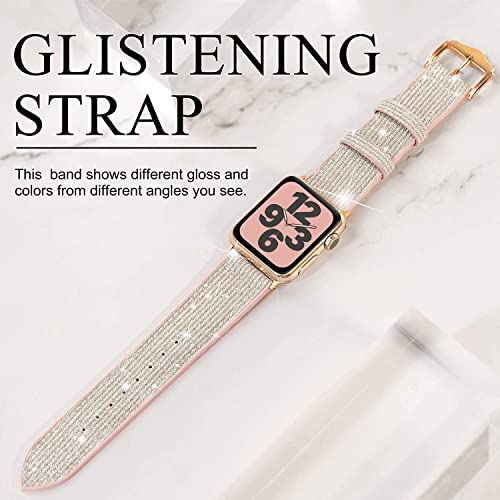 Compatible with Apple Watch Band 41mm 38mm 40mm 42mm 44mm 45mm, CTYBB Blingbling Sweatproof Genuine Leather and Silicone Band for iWatch Series 8 7 6 5 4 3 2 1 SE Ultra, (Starlight/Rose Gold,41mm 38mm 40mm)